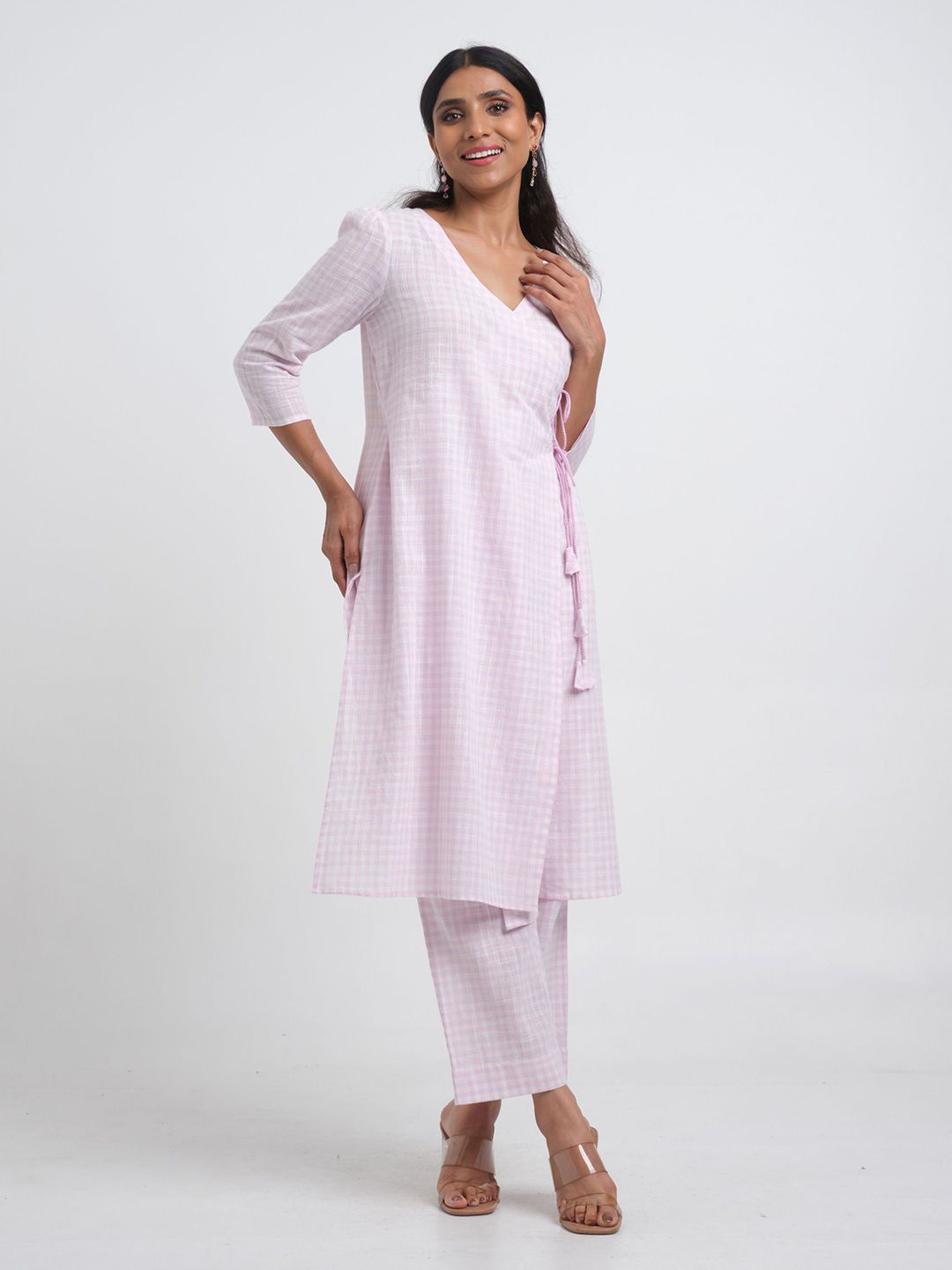 Buy CYAN Checked V Neck Angrakha Straight Kurta - Kurtas for Women ...