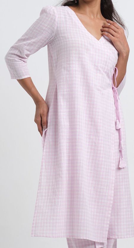 Buy CYAN Checked V Neck Angrakha Straight Kurta - Kurtas for Women ...