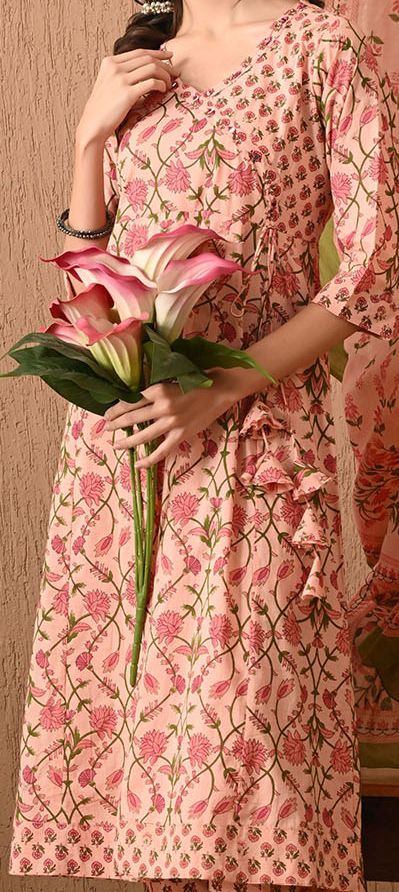 Buy Anouk Floral Printed V Neck Angrakha Pure Cotton Anarkali Kurta ...