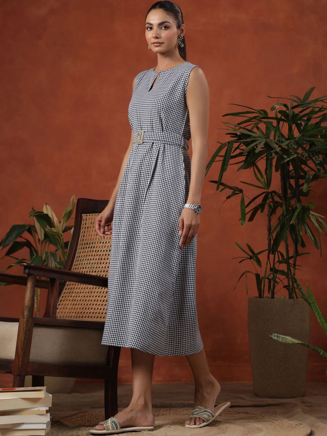 Buy Anayna Women Checked Cotton A Line Midi Dress With Belt - Dresses ...