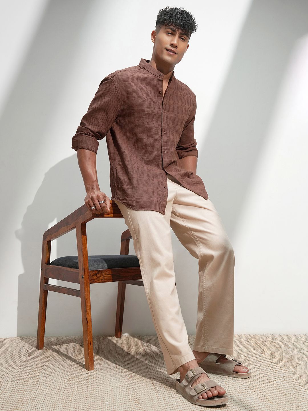 Buy HIGHLANDER Men Comfort Relaxed Fit Textured Mandarin Collar Cotton ...