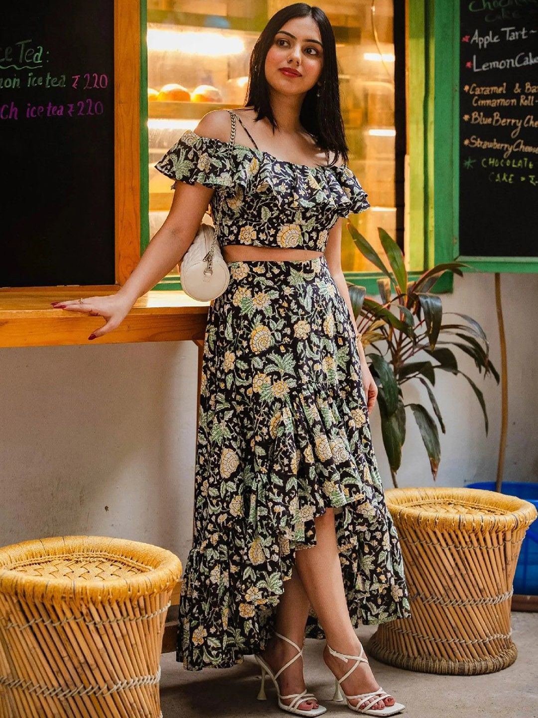 Buy ODHANON Floral Printed Cotton A Line Asymmetric Ruffle Maxi Skirt ...