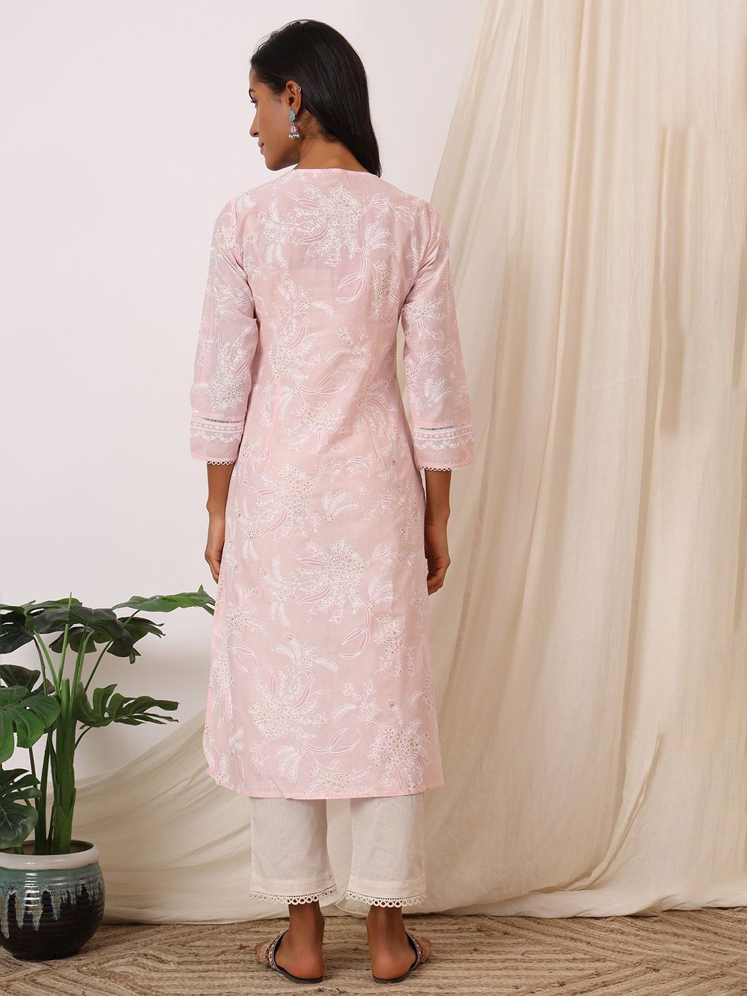 Buy W Floral Printed V Neck Three Quarter Sleeves Pure Cotton Straight Kurta - Kurtas for Women ...