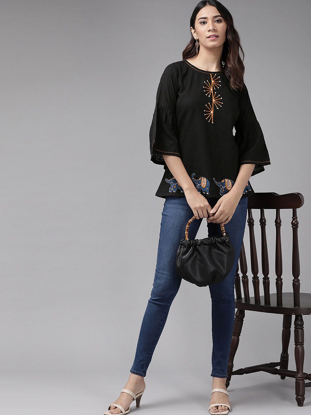 Buy IKRASS Women Embroidered Round Neck Bell Sleeve Cotton Top - Tops ...