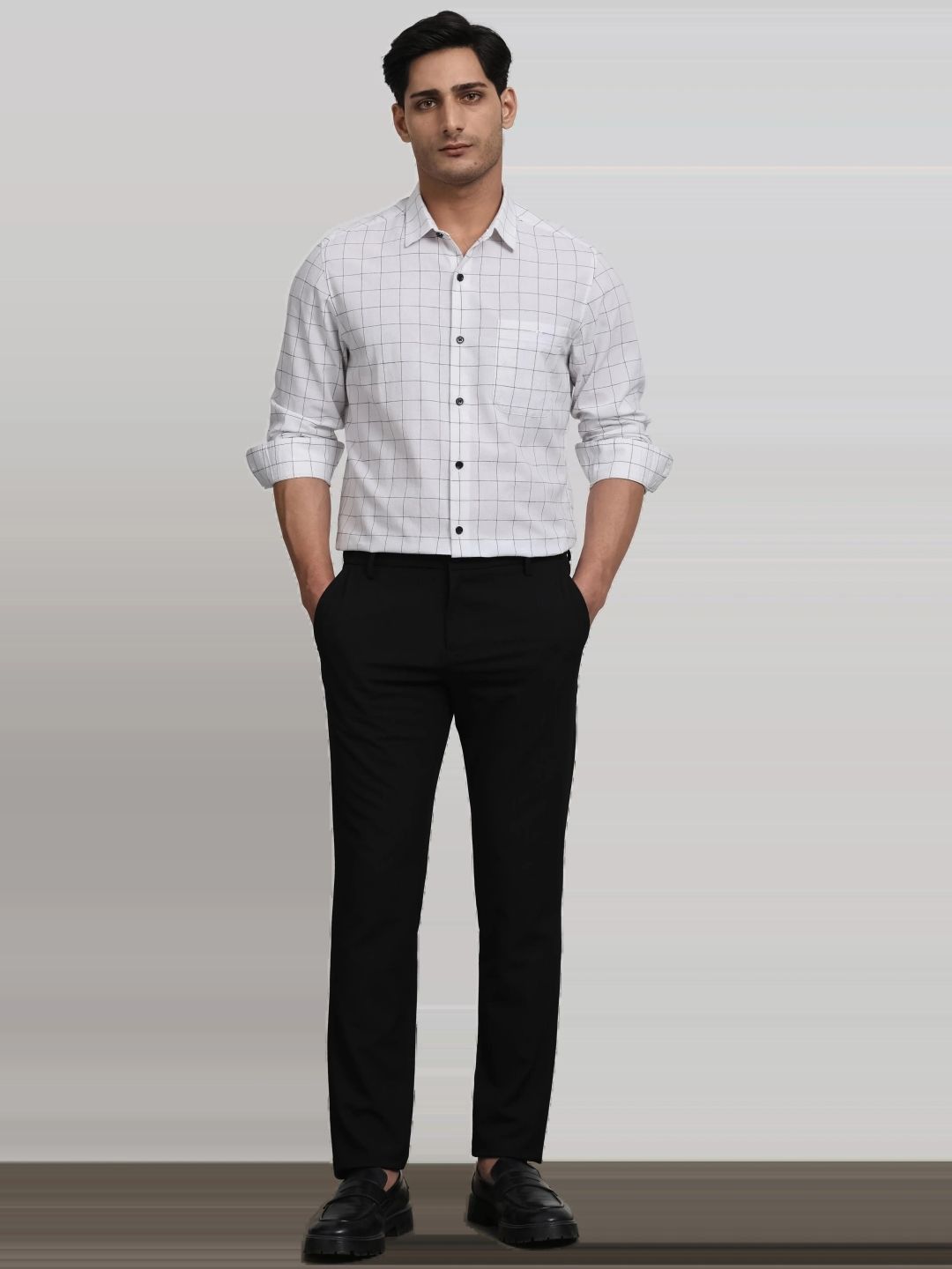 Buy Mufti Men Slim Fit Windowpane Checked Spread Collar Cotton Casual ...