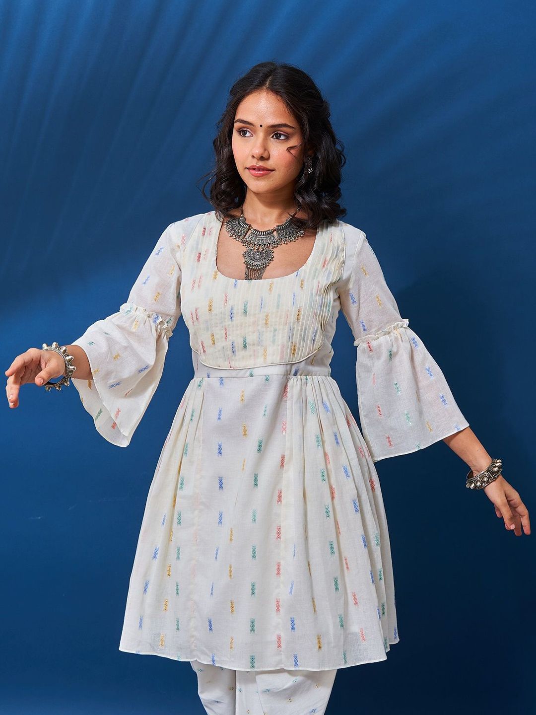 Buy Tanoti Ethnic Motifs Embroidered Square Neck Bell Sleeves Pure ...