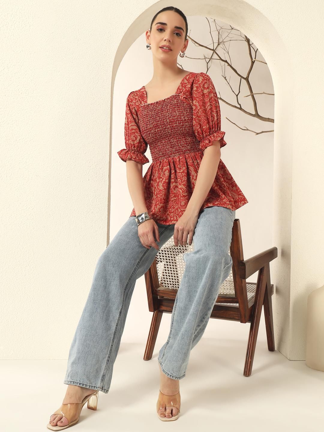 Buy LookShine Women Red Smocked Yoke Floral Printed Square Neck Puff ...