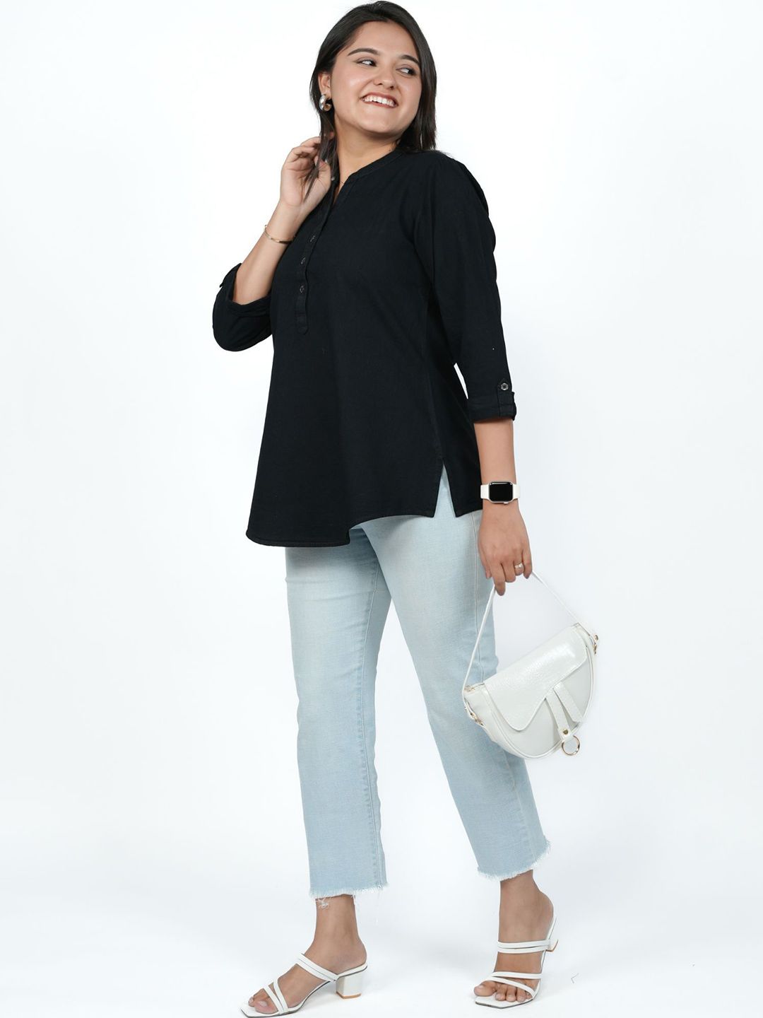 Buy GlamZei Mandarin Collar Cotton Denim Top - Tops for Women 36395946 ...