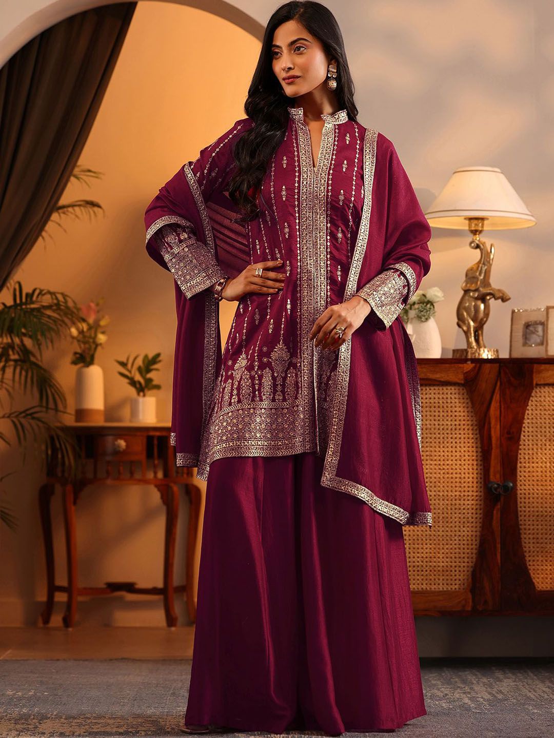 Buy Libas Women Ethnic Motifs Embroidered Sequinned Kurta With Palazzos ...