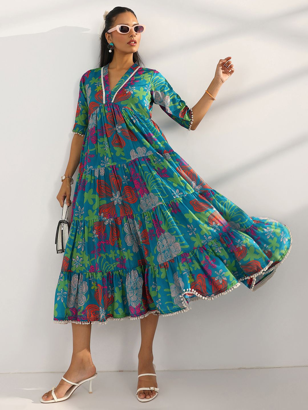 Buy Libas Floral Print V Neck Tiered Silk Fit & Flare Maxi Dress ...