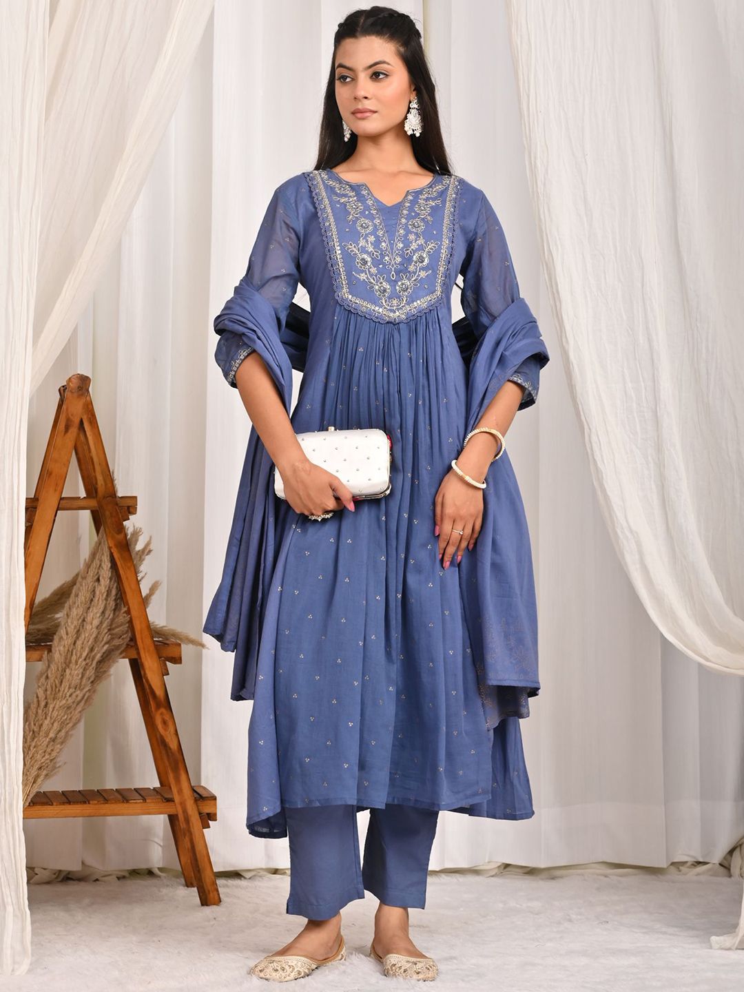 Buy Karaveera Women Floral Embroidered Anarakli Pure Cotton Kurta With ...