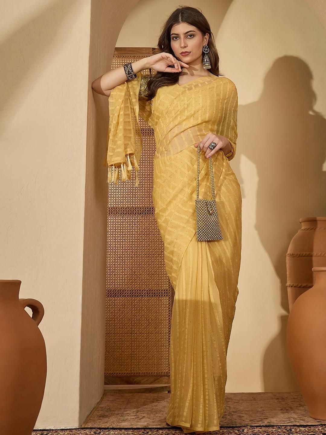 Buy Sangria Striped Sheer Saree With Unstitched Blouse - Sarees for ...