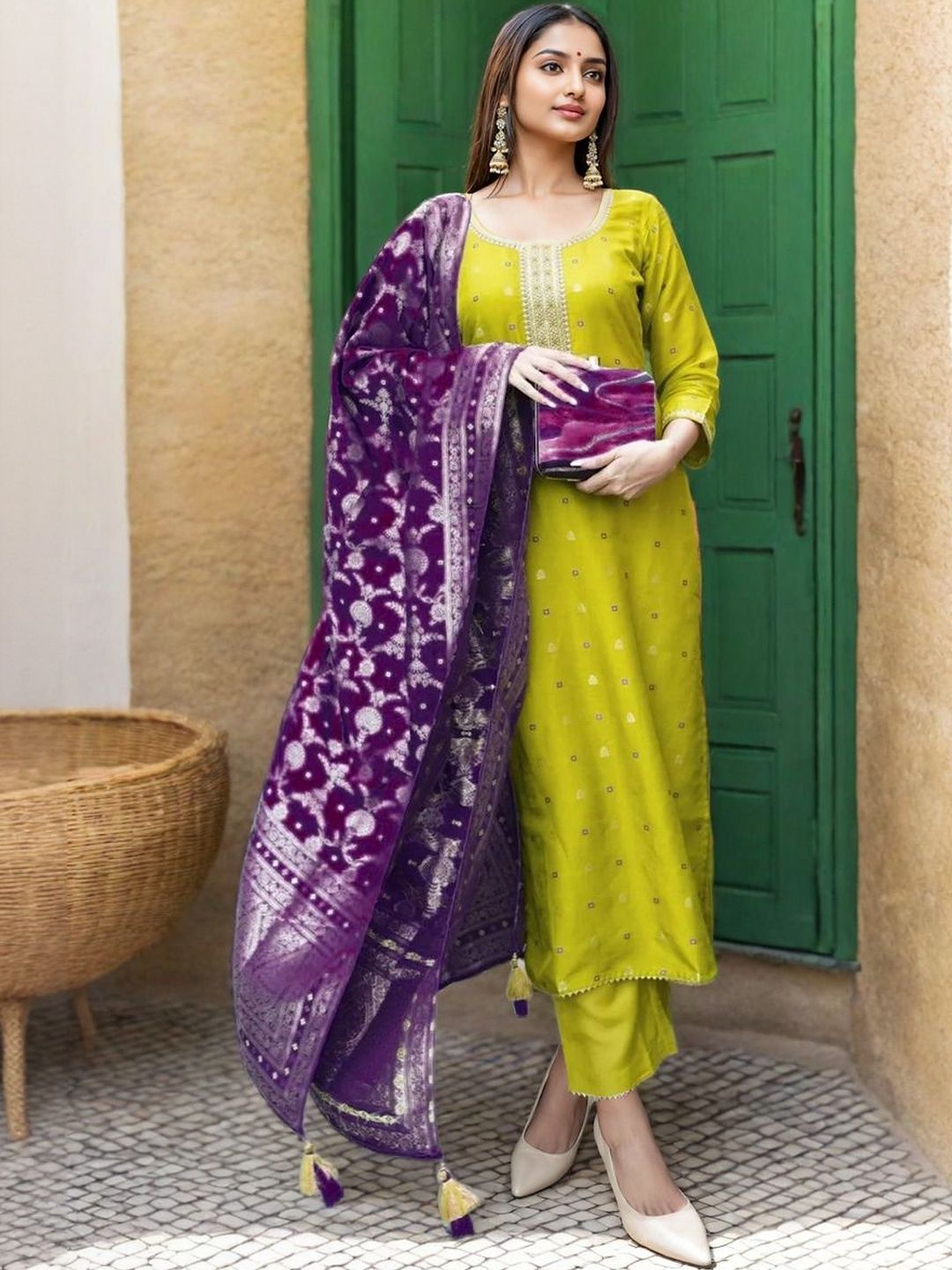 Buy Twika Floral Woven Design Striped Kurta With Trousers & Dupatta ...