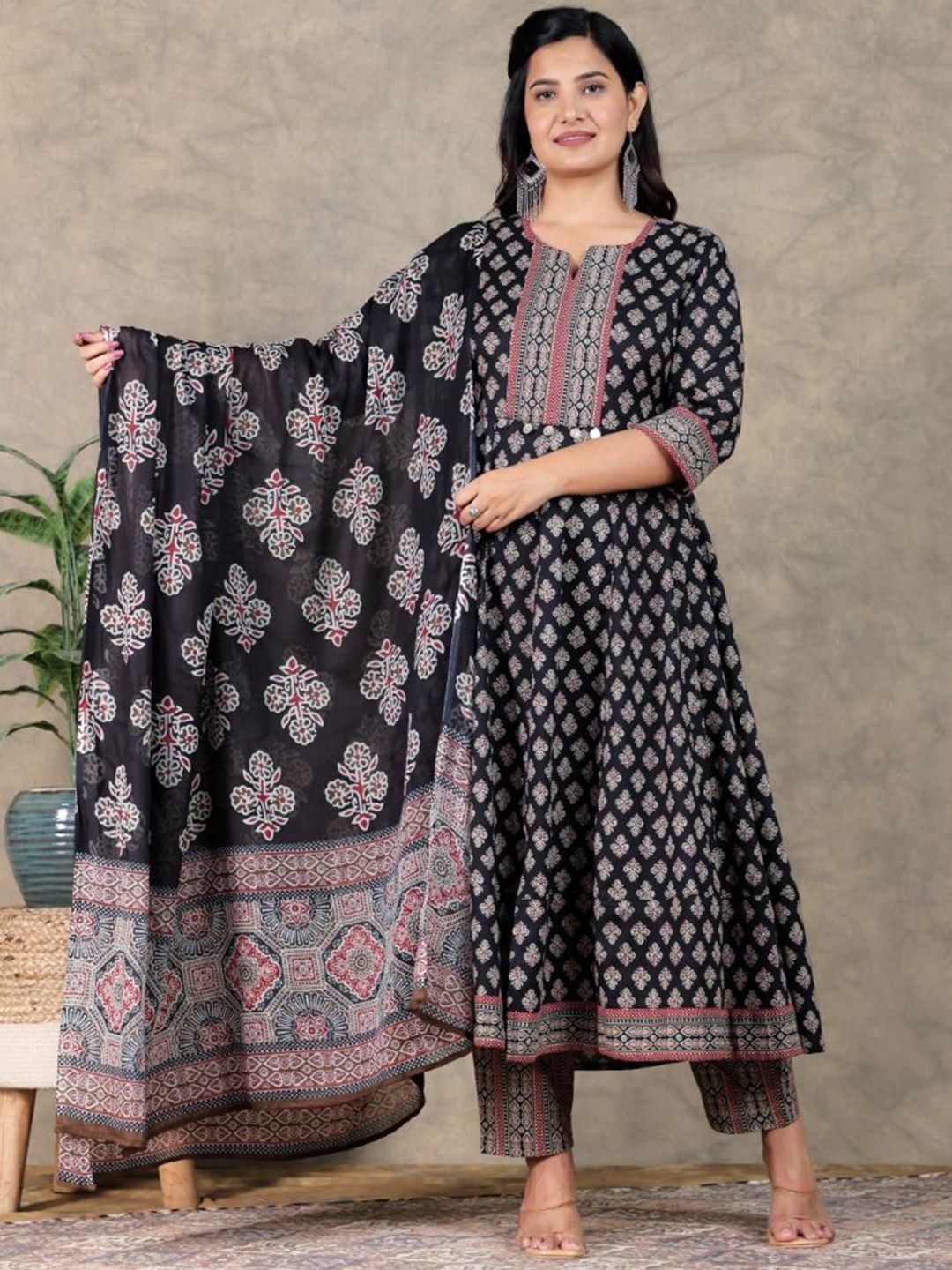 Buy Aramya Women Ethnic Motifs Printed Cotton A Line Kurta With ...