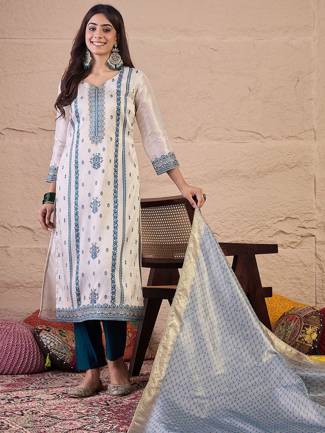Buy Inddus Women Ethnic Motifs Regular Kurta With Trousers & Dupatta ...