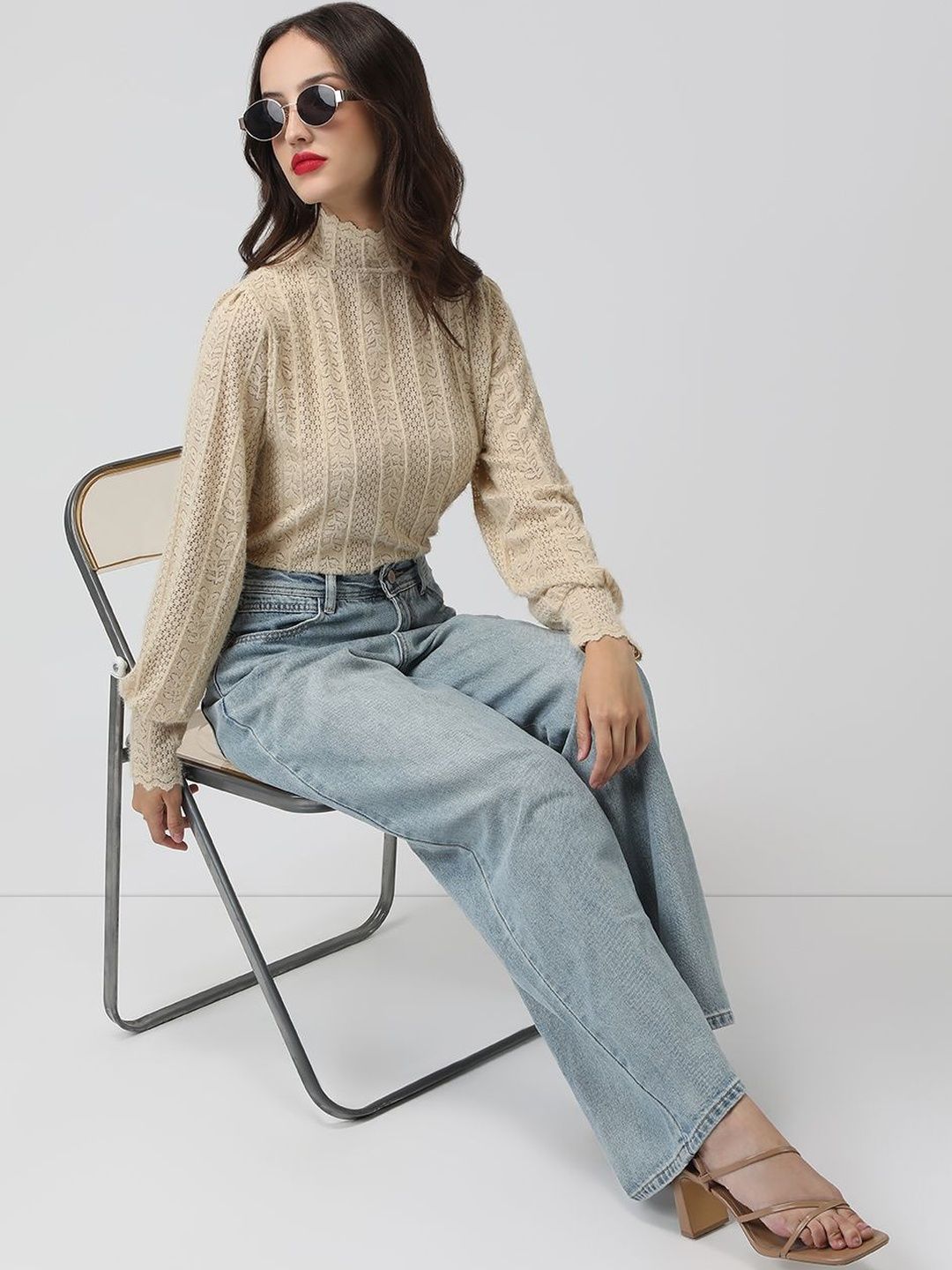 Buy SHOWOFF Women Cream Self Design Acrylic Tops - Tops for Women ...