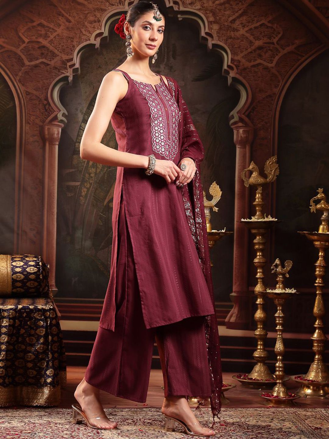 Buy Stylum Floral Woven Design Notch Neck Shoulder Straps Kurta With ...