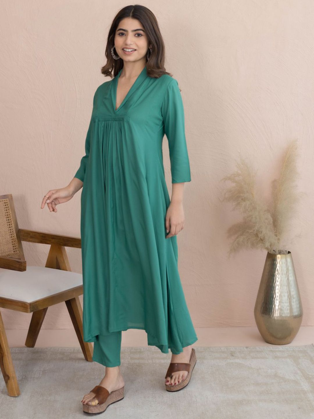 Buy Women Solid A Line Kurta With Trousers - Kurta Sets for Women ...