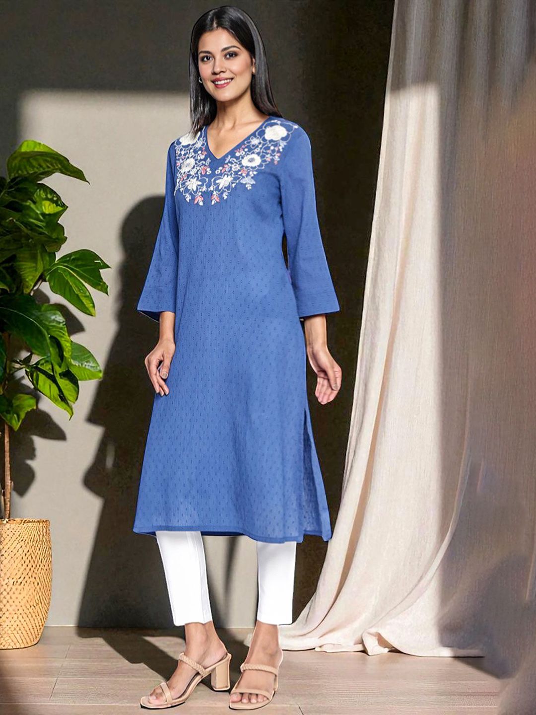 Buy W Floral Printed V Neck Straight Pure Cotton Kurta - Kurtas for Women 36290982 | Myntra