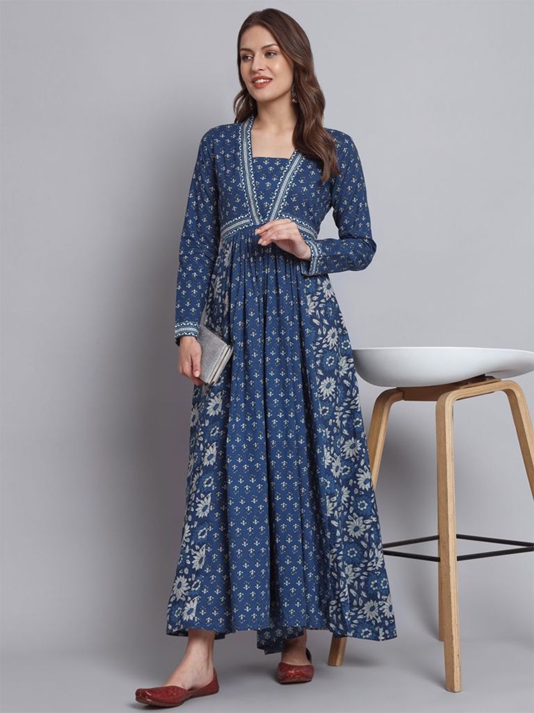 Buy GULMEHAK Floral Printed Pleated Square Neck Pure Cotton Anarkali ...