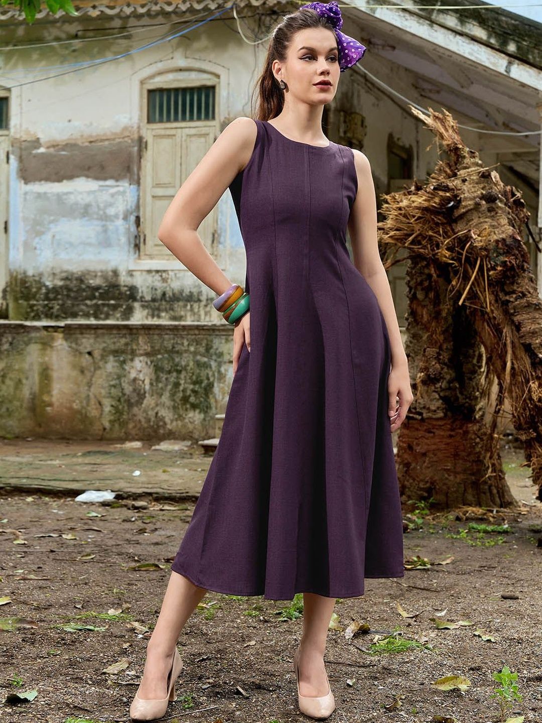 Buy PURVAJA Linen Fit & Flare Midi Dress - Dresses for Women 38609905 ...