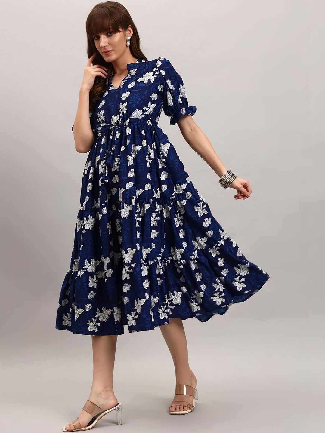 Buy Raiyani Enterprise Floral Print Puff Sleeve Crepe A Line Midi Dress ...