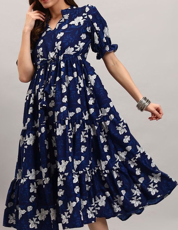 Buy Raiyani Enterprise Floral Print Puff Sleeve Crepe A Line Midi Dress ...