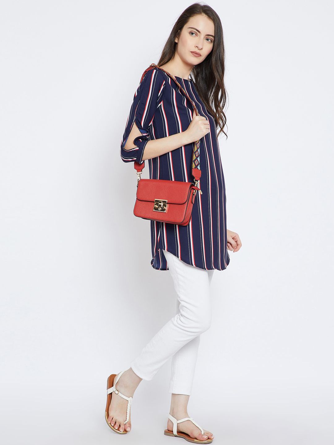 Buy DressBerry Women Striped Printed Boat Neck Slit Sleeve Longline Top ...