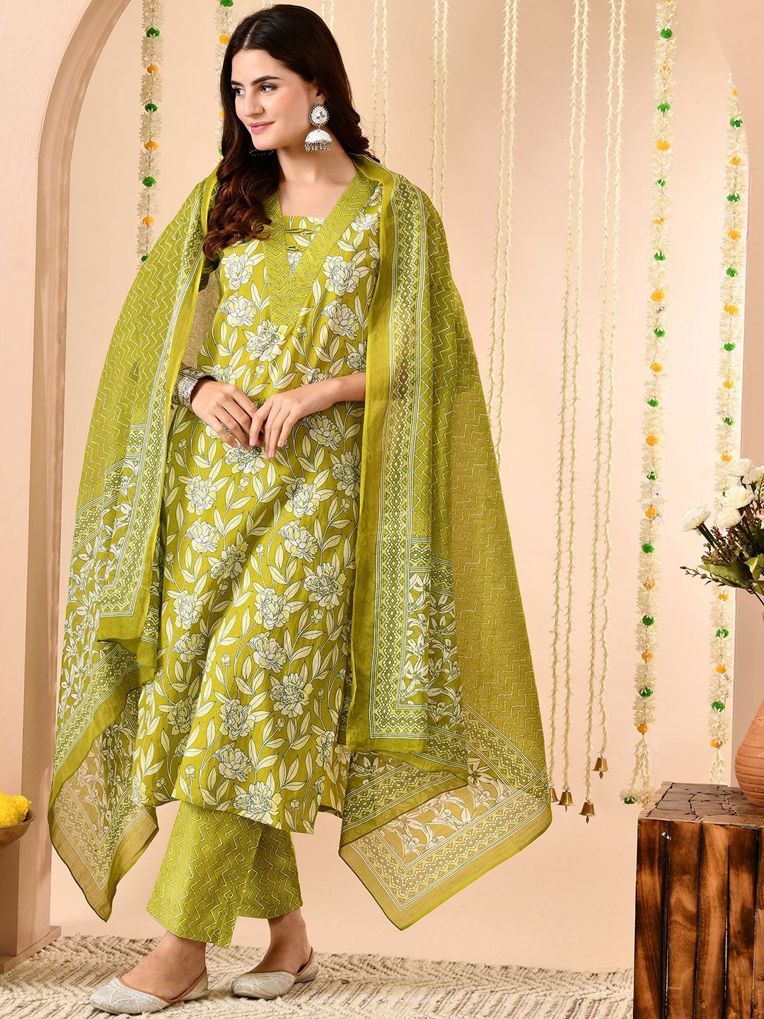 Buy Anouk Women Floral Printed Regular Pure Cotton Kurta With Trousers & With Dupatta - Kurta ...