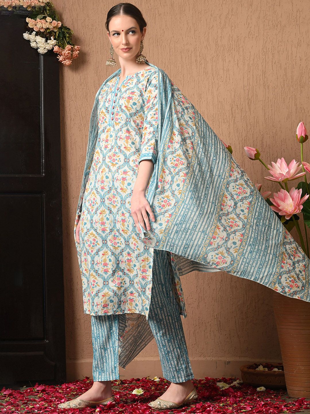 Buy Anouk Women Floral Printed Regular Pure Cotton Kurta With Trousers & With Dupatta - Kurta ...