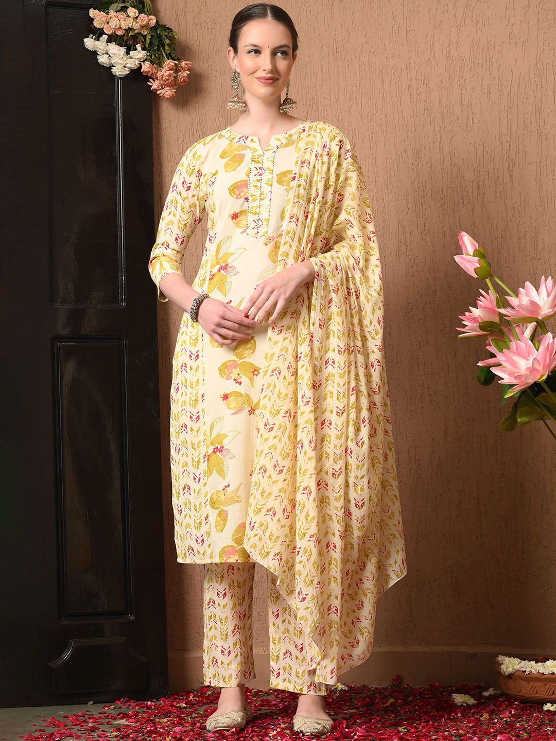 Buy Anouk Women Floral Printed Regular Pure Cotton Kurta With Trousers & With Dupatta - Kurta ...