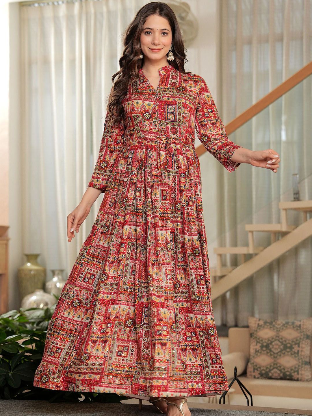 Buy PARTHVI Floral Printed Mandarin Collar Fit And Flare Ethnic Dresses ...