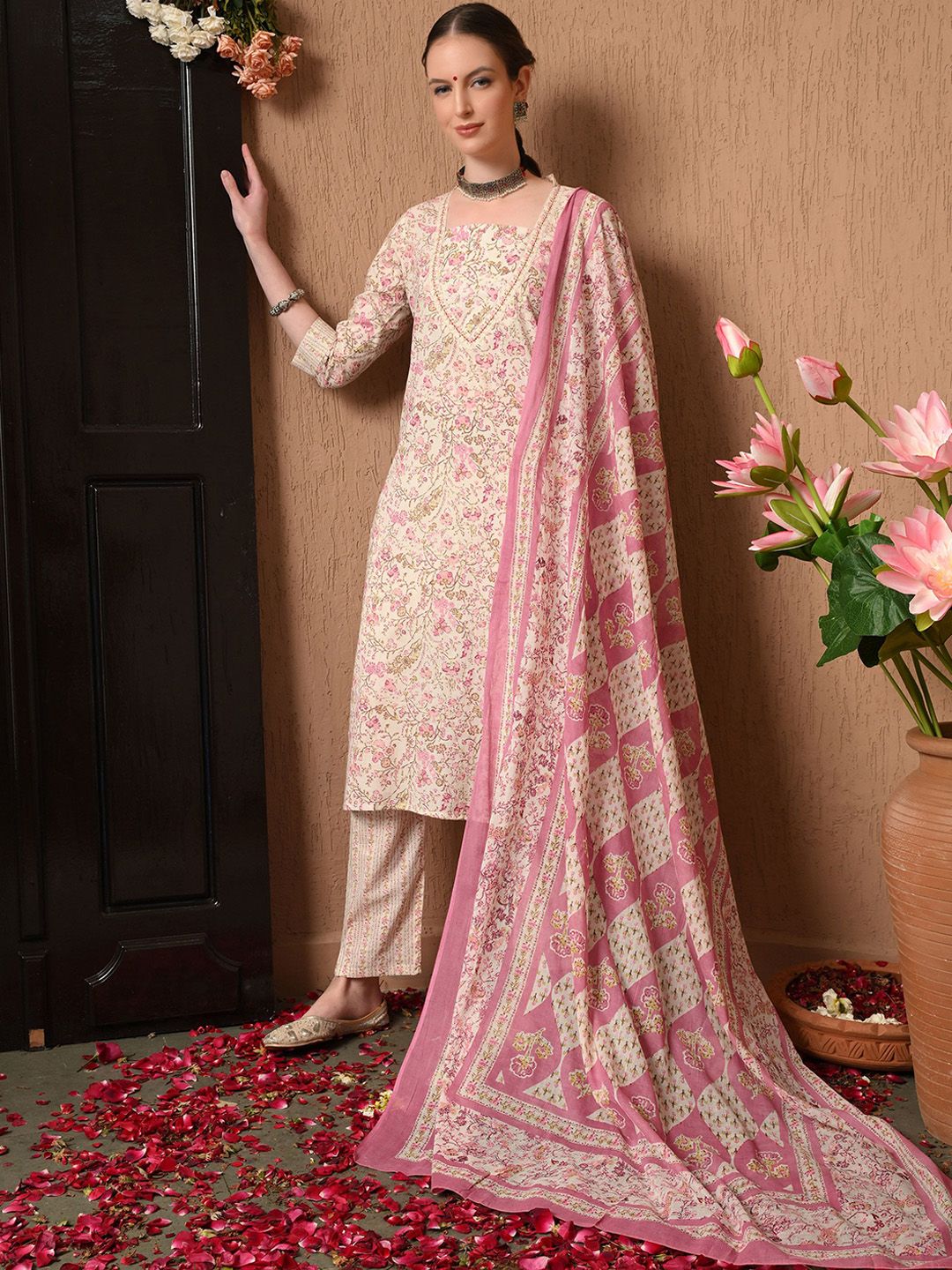 Buy Anouk Women Floral Printed Regular Pure Cotton Kurta With Trousers & With Dupatta - Kurta ...