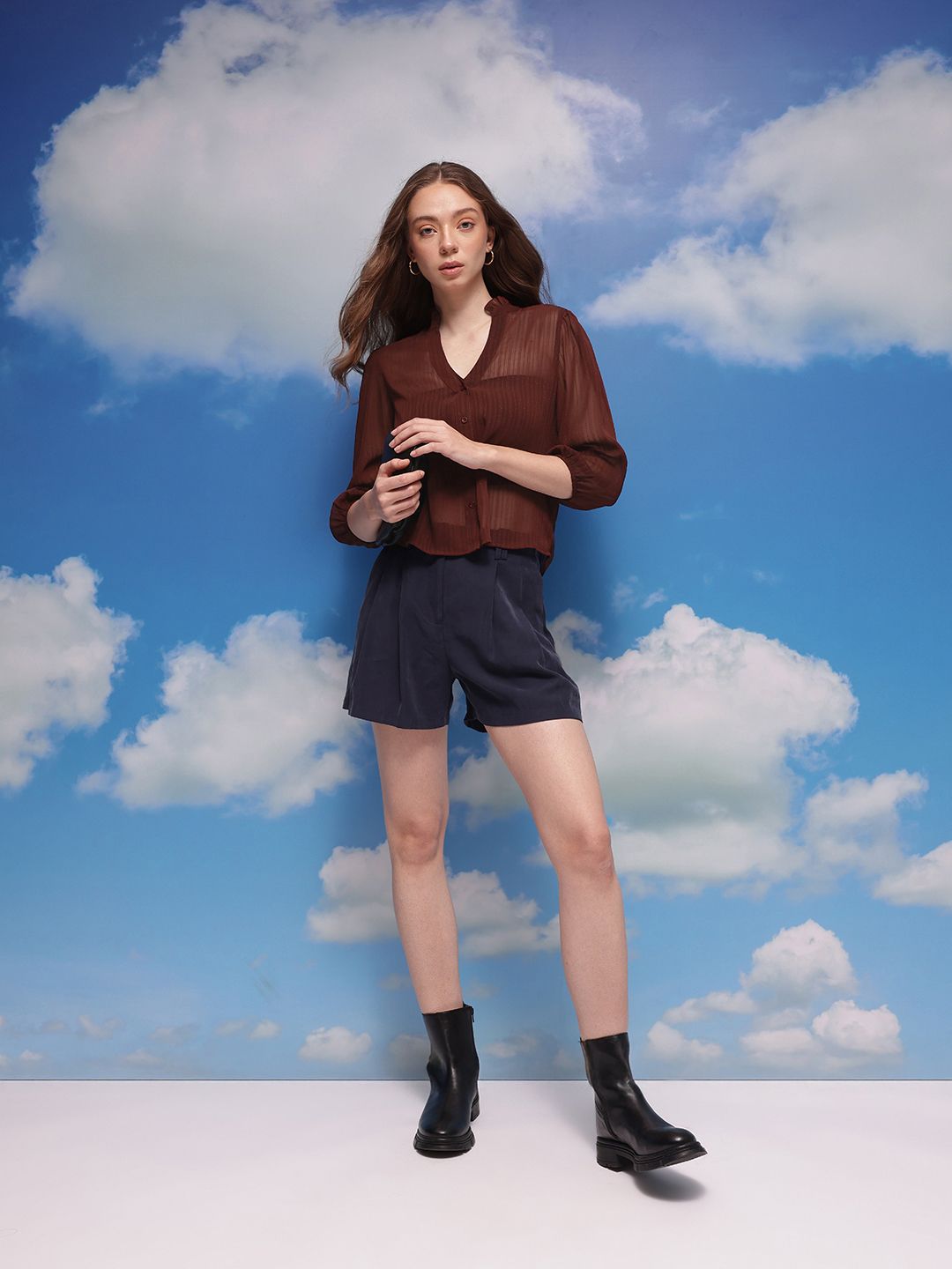 Buy CORSICA Self Designed Mandarin Collar Puff Sleeve Top - Tops for ...