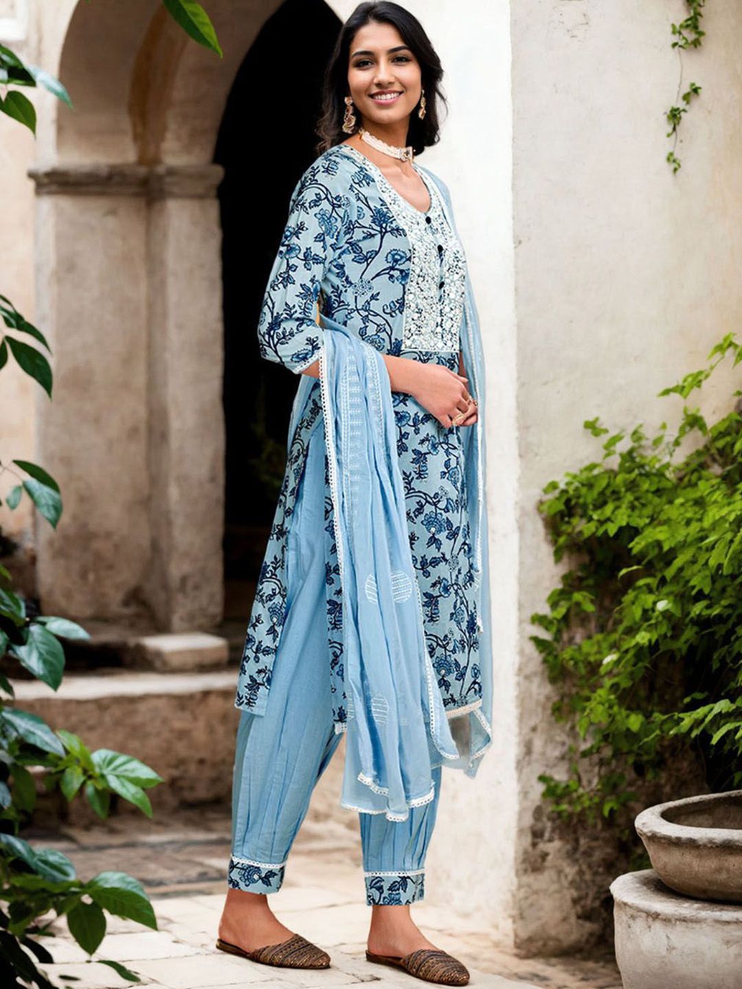 Buy Anouk Women Floral Embroidered Regular Thread Work Pure Cotton Kurta With Harem Pants & With ...