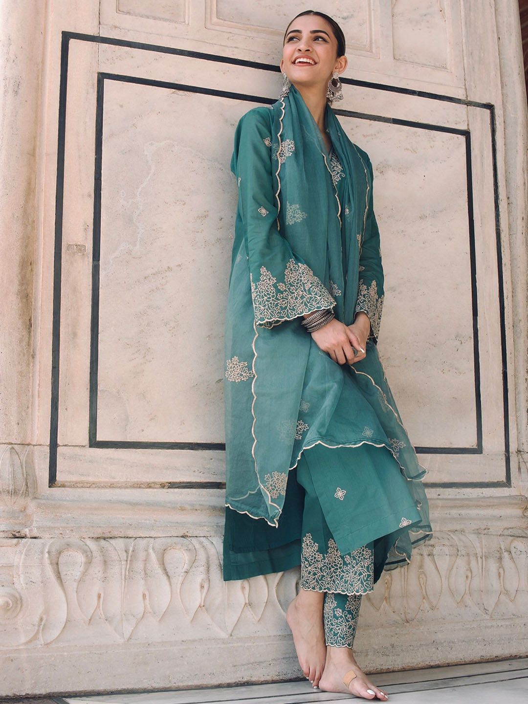 Buy Piludi Women Ethnic Motifs Embroidered Regular Kurta With Trousers ...