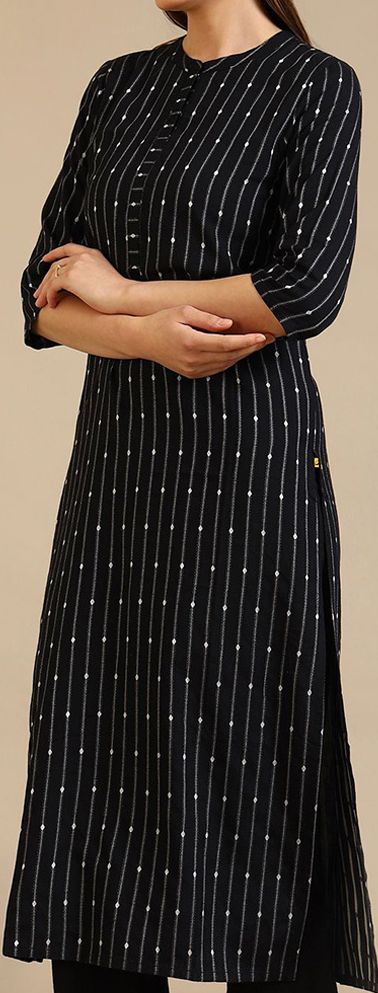 Buy AURELIA Striped Yarn Dyed Band Collar Kurta - Kurtas for Women ...