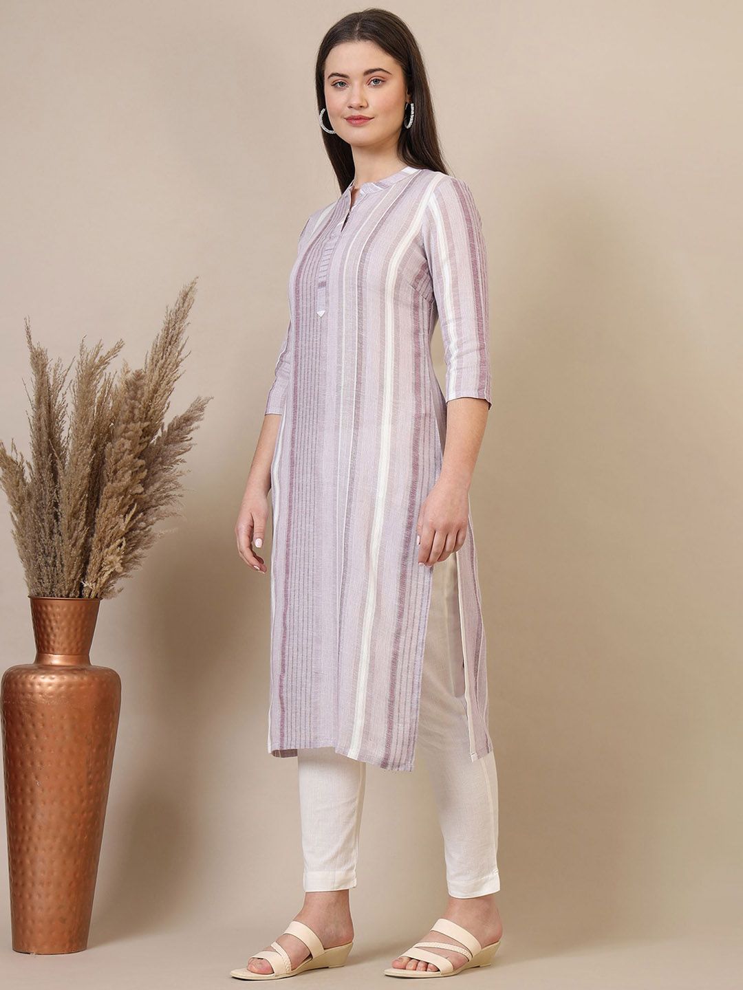 Buy AURELIA Striped Band Collar Straight Kurta - Kurtas for Women ...
