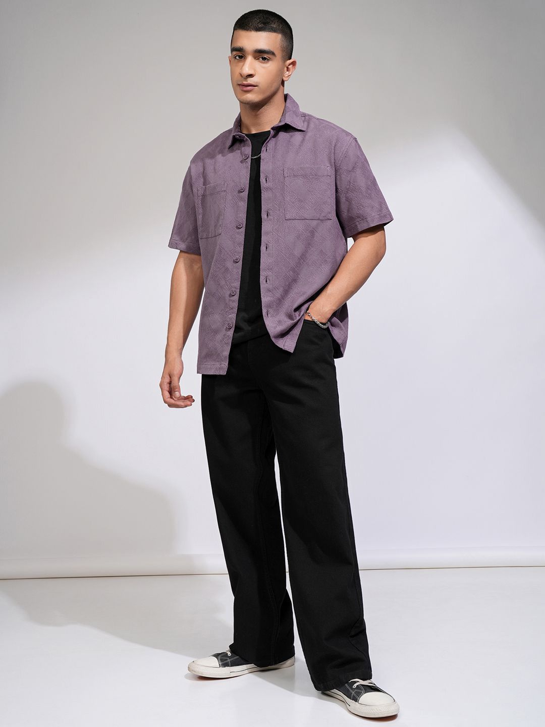 Buy HIGHLANDER Men Jacquard Textured Solid Utility Pocket Relaxed Shirt ...