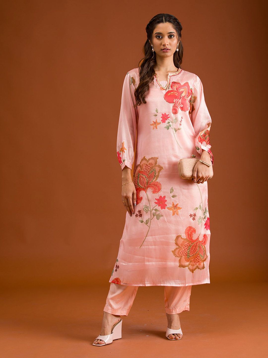 Buy Koskii Women Floral Printed Tissue Straight Kurta With Trouser ...