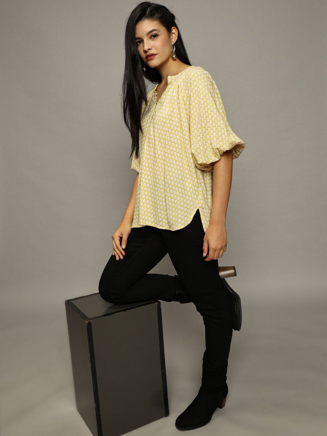 Buy The Roadster Lifestyle Co Women Mandarin Collar Puff Sleeves Shirt ...