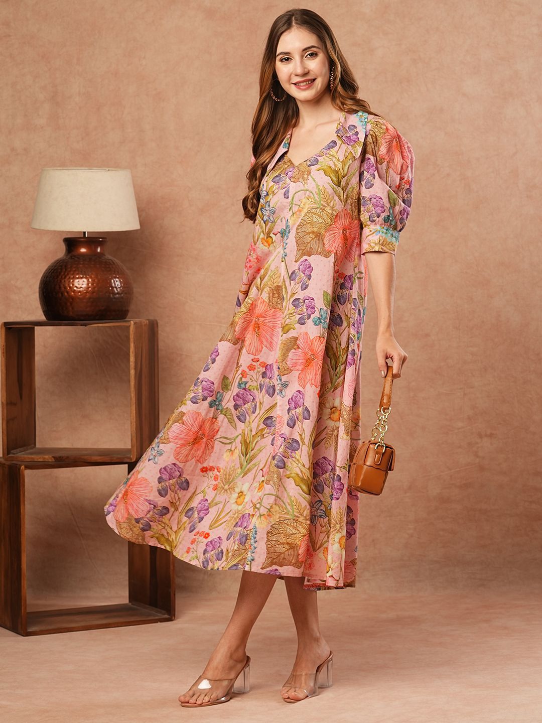 Buy FASHOR Floral Print Puff Sleeve A Line Midi Dress - Dresses for ...
