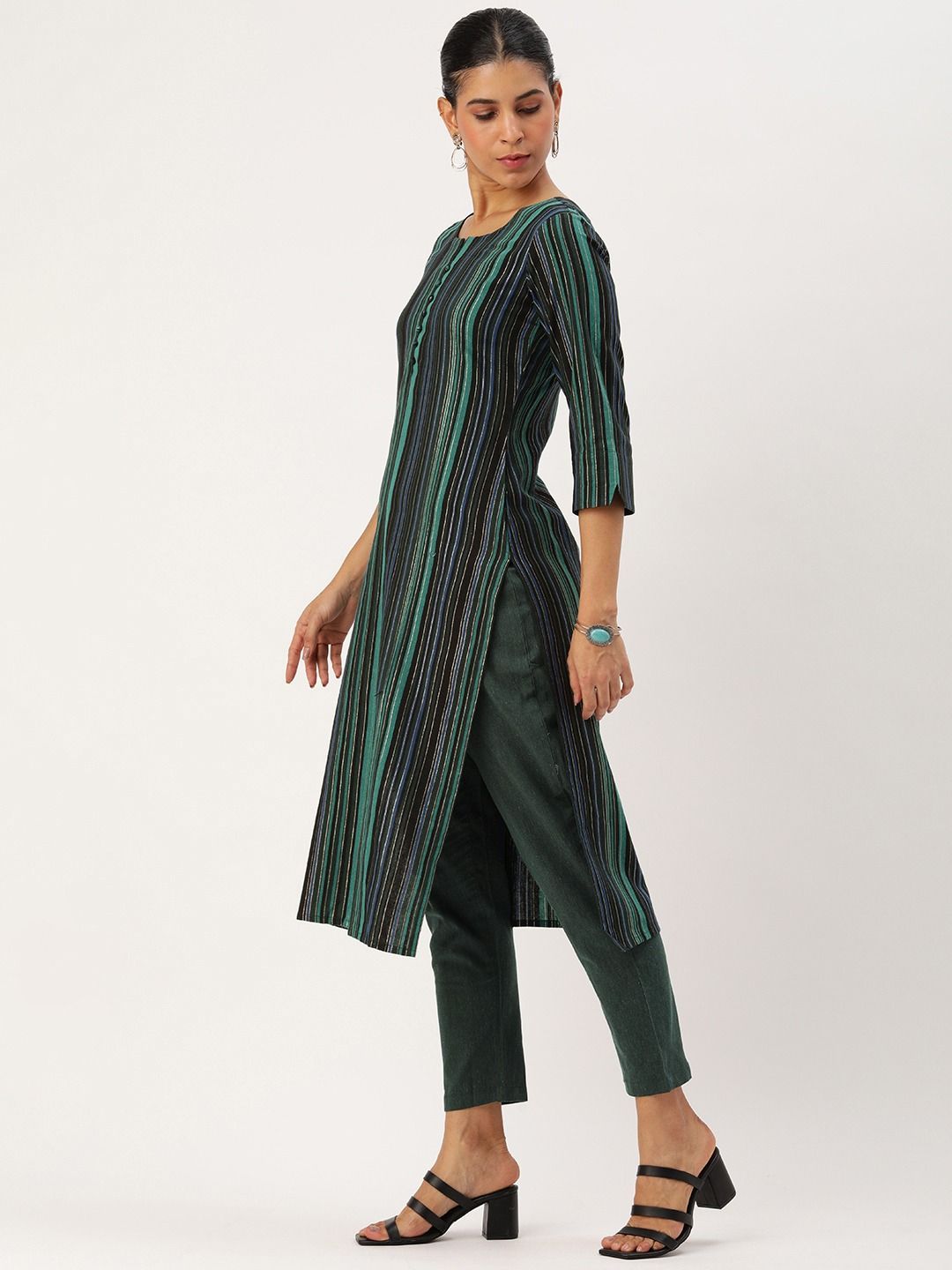 Buy KALINI Selection Of 2 Striped Mandarian Neck Straight Kurtas With Trousers - Kurta Sets for ...