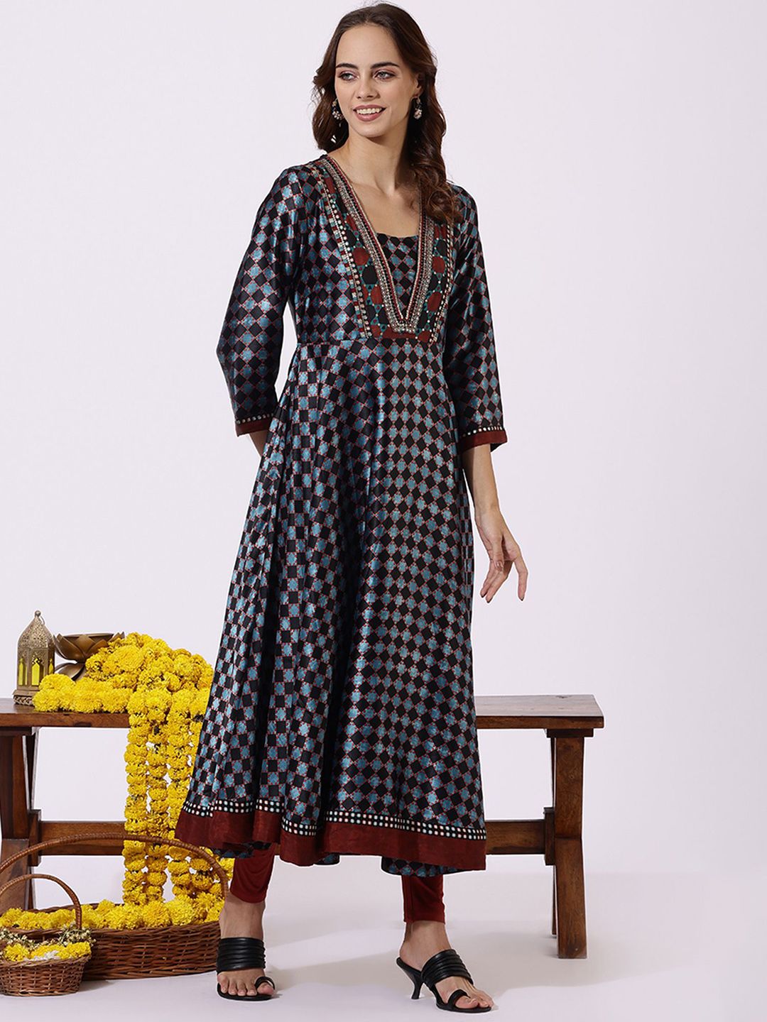Buy W Women Floral Printed Angrakha Beads And Stones Kurta With Dupatta ...