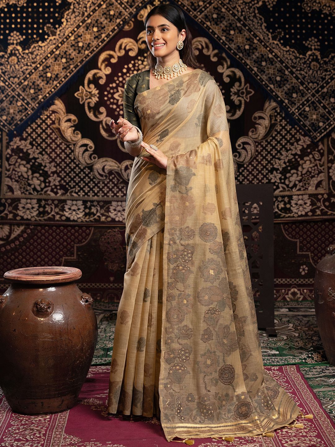 Buy Satrani Ethnic Motifs Zari Pure Cotton Jamdani Saree - Sarees for ...