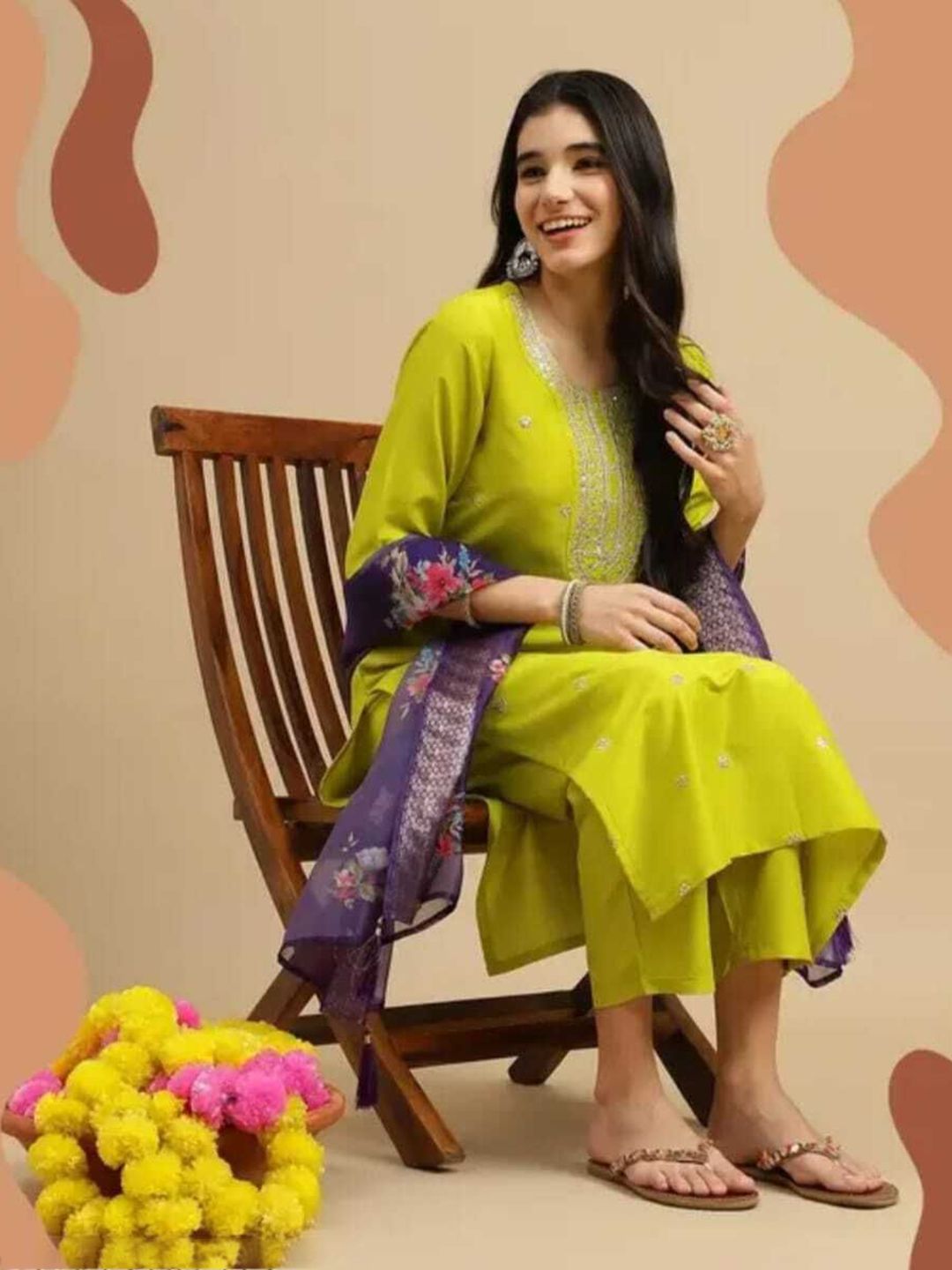Buy PARNAVI Floral Embroidered Kurta With Trousers & Dupatta - Kurta ...