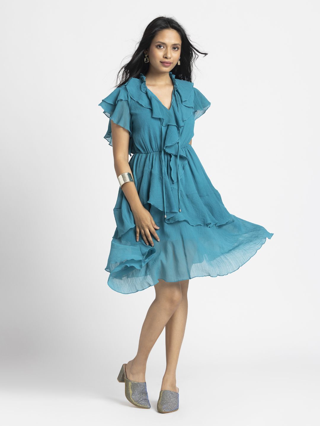 Buy SHAYE Women V Neck Flared Sleeve Layered Chiffon Fit & Flare Dress ...