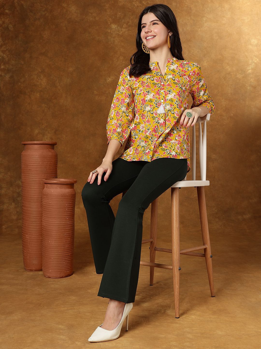 Buy KALINI Women Floral Printed Mandarin Collar Puff Sleeves Cotton Top ...