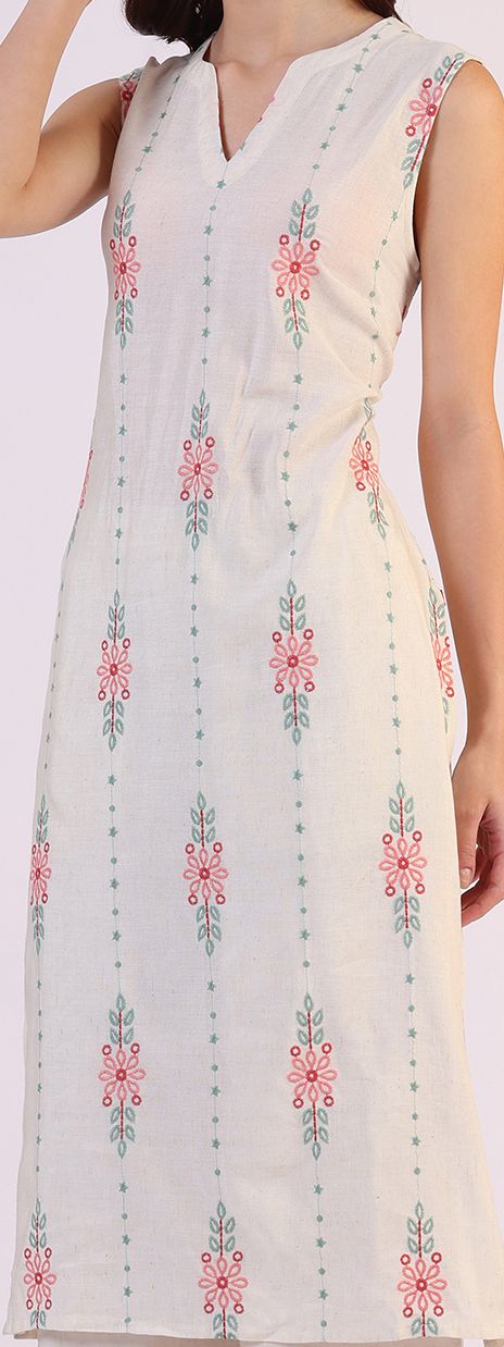 Buy W Beige Floral Embroidered Sleeveless Notch Neck Straight Kurta ...