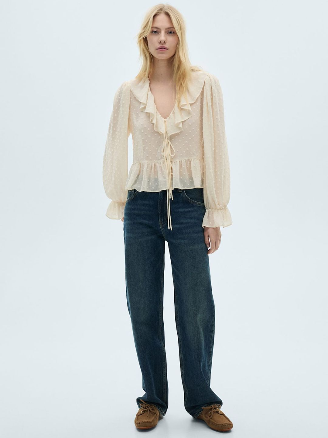 Buy MANGO Tie Up Neck Dobby Weave Ruffles Top - Tops for Women 32493815 ...